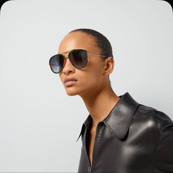 Gucci | Accessories | Gucci Gg062s Aviator Metal Sunglasses Green Red ...